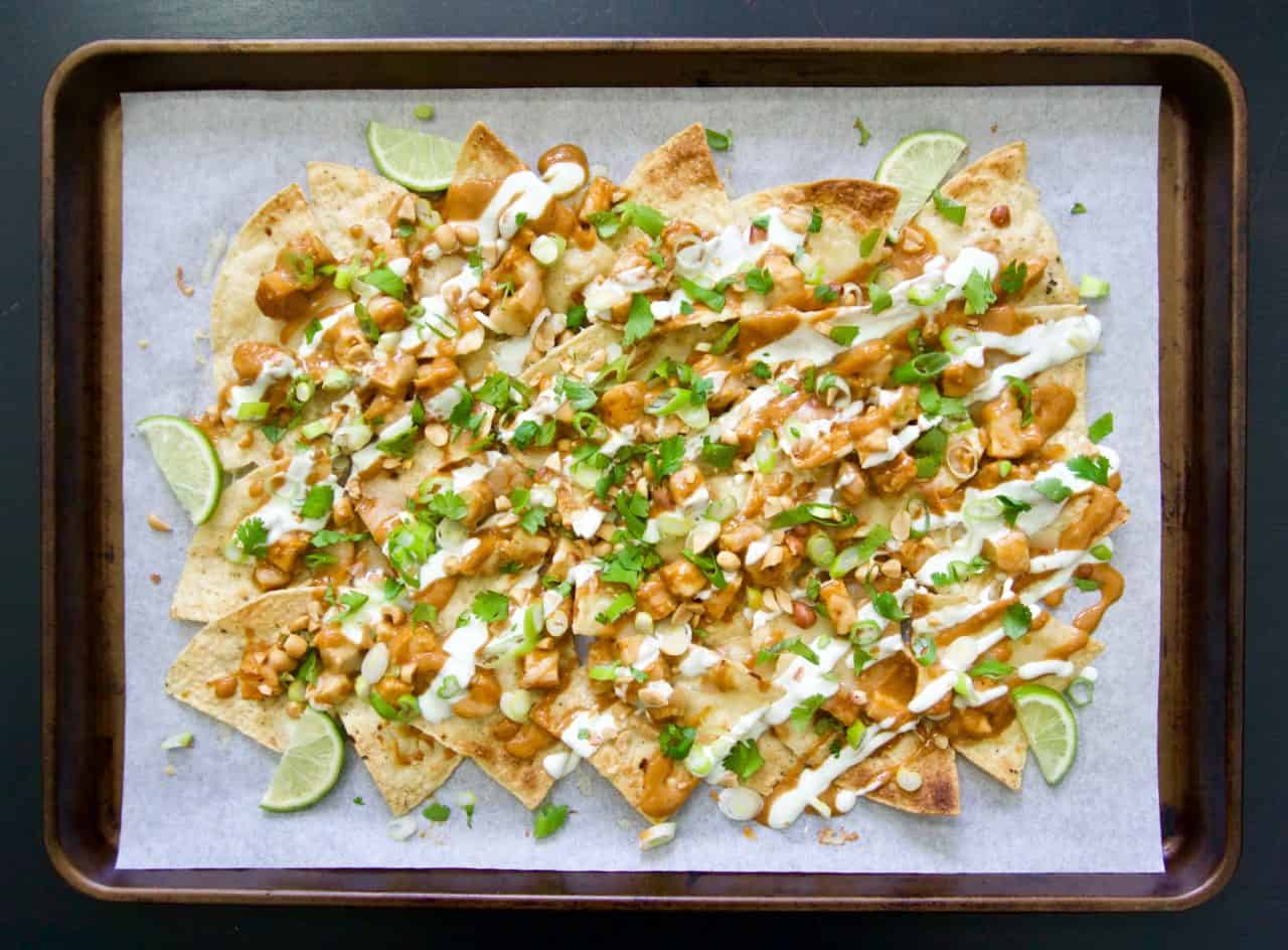 Asian Chicken Nachos with Peanut Sauce - Yummy Noises