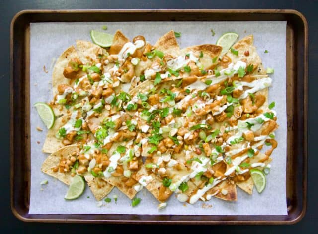 Asian Chicken Nachos with Peanut Sauce - Yummy Noises