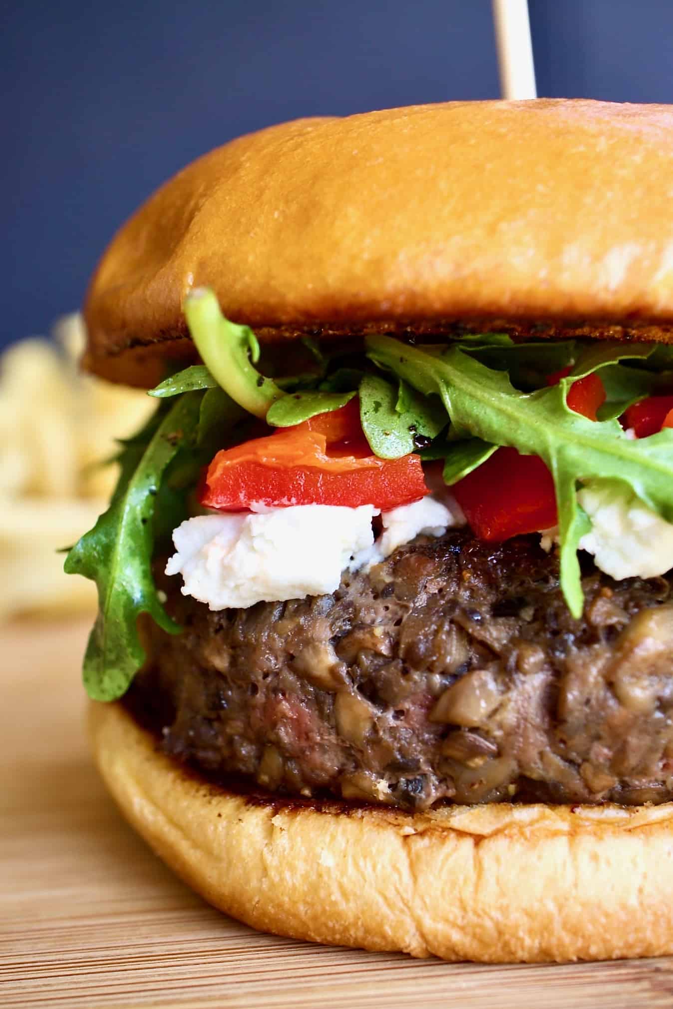Baby Bella Beef Burger with Goat Cheese & Arugula - Yummy Noises
